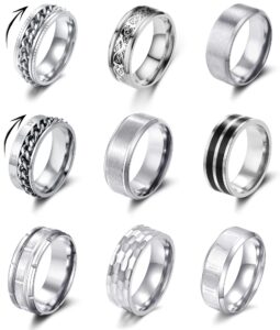 yovoro 9pcs stainless steel band rings for men women fidget anxiety relief rings spinner ring wedding promise rings set s10