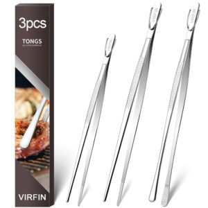 virfin 3pcs kitchen tweezers, fine tweezer tongs for cooking, extra-long stainless steel cooking tweezers f or kitchen, baking, sea food, food, bbq, repairing and pet feeding(10 12 12 inch, silver)