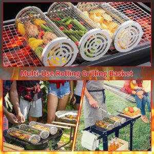 Rolling Grilling Baskets for Outdoor Grill Bbq ，Stainless Steel Grill Mesh Barbeque Grill Accessories,Outdoor Round BBQ Stainless Steel Grill Basket Campfire Grill Grid - Camping Picnic Cookware