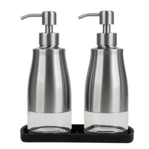 gaussra kitchen soap dispenser set with silicone tray - brushed nickel, stainless steel glass soap dispenser bathroom, modern farmhouse decor, refillable hand dish soap dispenser for kitchen sink