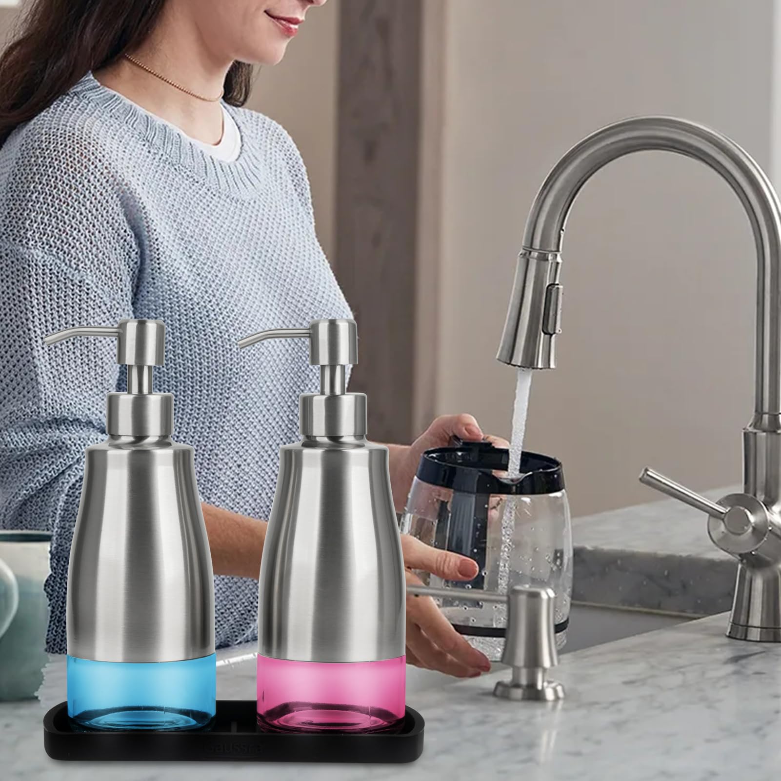 Gaussra Kitchen Soap Dispenser Set with Silicone Tray - Brushed Nickel, Stainless Steel Glass Soap Dispenser Bathroom, Modern Farmhouse Decor, Refillable Hand Dish Soap Dispenser for Kitchen Sink