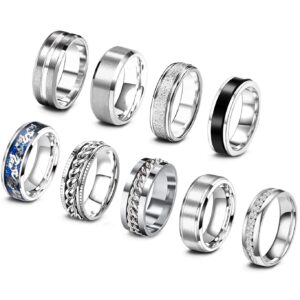 eielo 9pcs stainless steel band rings for men women cool fidget spinning chain ring anxiety relief fashion simple wedding engagement silver ring set