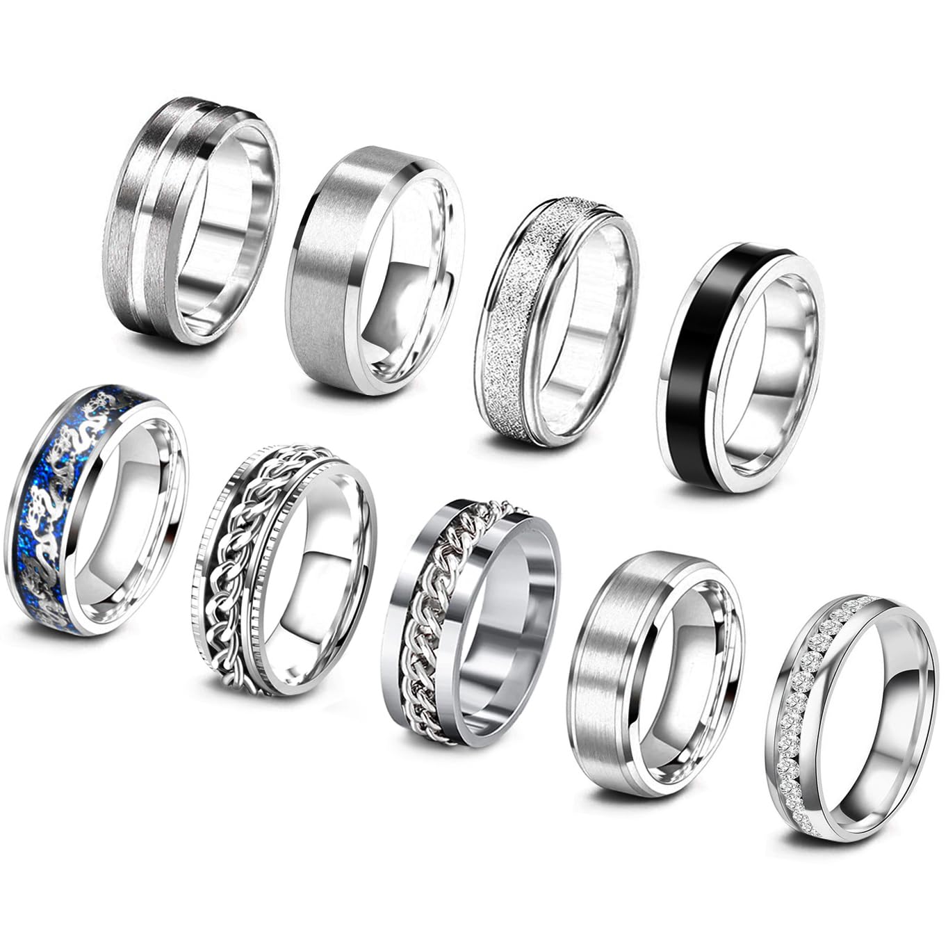 EIELO 9Pcs Stainless Steel Band Rings for Men Women Cool Fidget Spinning Chain Ring Anxiety Relief Fashion Simple Wedding Engagement Silver Ring Set