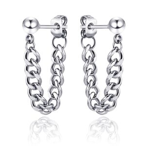 tianbangshi punk stainless steel chain earrings for women's hypoallergenic hinged huggie dangle earrings silver/black long chain earrings piercing jewelry gift (silver)