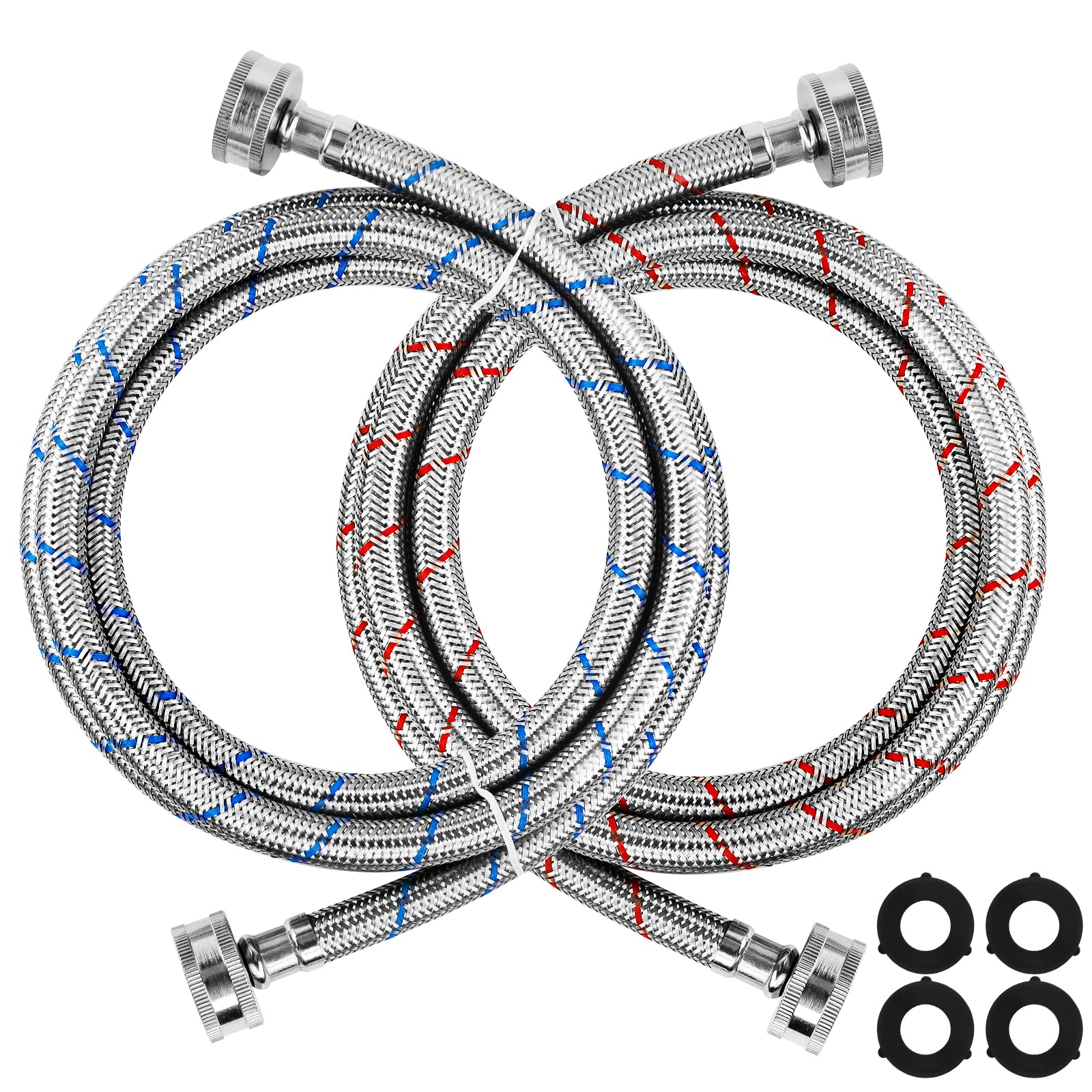 Techecook 6Ft Washing Machine Hoses Stainless Steel Burst Proof Washer Supply Lines- 2Pcs Hot and Cold Washer Hoses- 6Ft Washer Hoses Universal for All Washing Machine Supply Lines- 10 Years Warranty