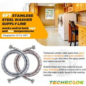 Techecook 6Ft Washing Machine Hoses Stainless Steel Burst Proof Washer Supply Lines- 2Pcs Hot and Cold Washer Hoses- 6Ft Washer Hoses Universal for All Washing Machine Supply Lines- 10 Years Warranty