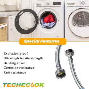 Techecook 6Ft Washing Machine Hoses Stainless Steel Burst Proof Washer Supply Lines- 2Pcs Hot and Cold Washer Hoses- 6Ft Washer Hoses Universal for All Washing Machine Supply Lines- 10 Years Warranty