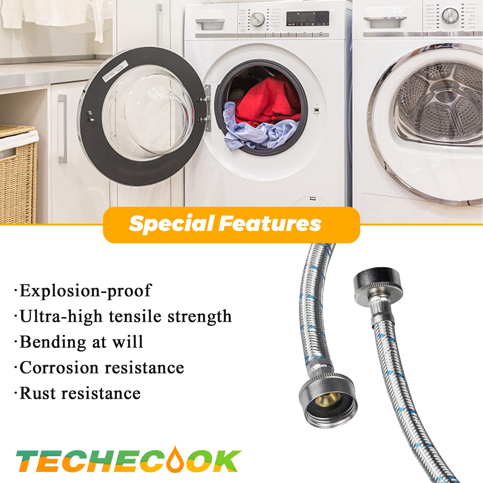 Techecook 6Ft Washing Machine Hoses Stainless Steel Burst Proof Washer Supply Lines- 2Pcs Hot and Cold Washer Hoses- 6Ft Washer Hoses Universal for All Washing Machine Supply Lines- 10 Years Warranty