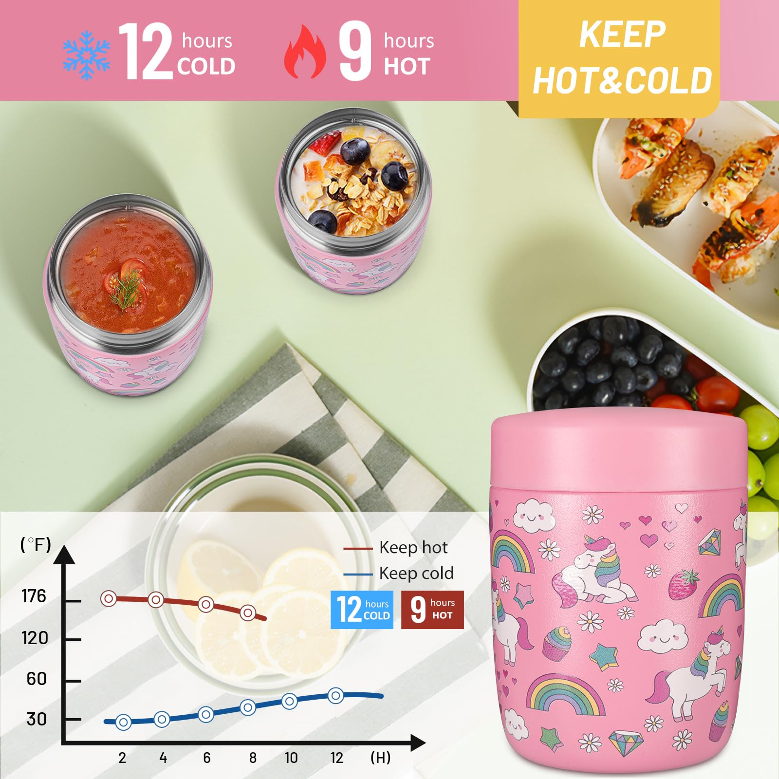 Charcy 9oz Stainless Steel Vacuum Insulated Kids Food Jar - Soup Thermo for Hot & Cold Food - Pink Rainbow Mermaid