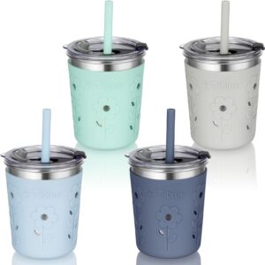 tiblue kids & toddler cups - 4 pack 8oz spill proof stainless steel tumblers with leak proof lids, silicone straw with stopper & sleeve - bpa free snack smoothie drinking cup for baby girls boys