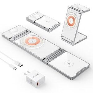 magnetic charging station,hohosb 3 in 1 foldable zinc alloy wireless charger stand[compatible with magsafe charger] for iphone 15/14/13/12 series, airpods pro/3/2,apple watch/iwatch-white