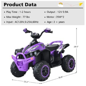 INFANS Kids Ride on ATV, 12V 4 Wheeler Quad Toy Vehicle with Music, Horn, High Low Speeds, LED Lights, Electric Ride On Toy, Battery Powered Wheels Car for Kids Over 3 Years Old (Violet)