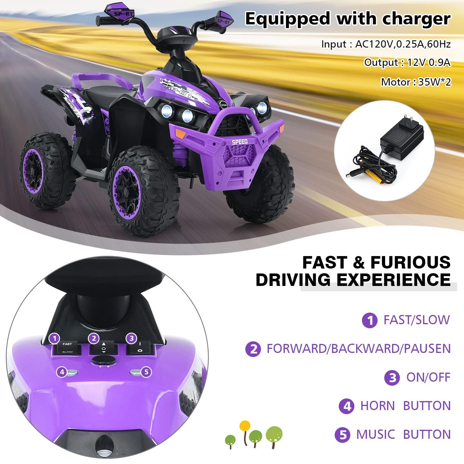 INFANS Kids Ride on ATV, 12V 4 Wheeler Quad Toy Vehicle with Music, Horn, High Low Speeds, LED Lights, Electric Ride On Toy, Battery Powered Wheels Car for Kids Over 3 Years Old (Violet)