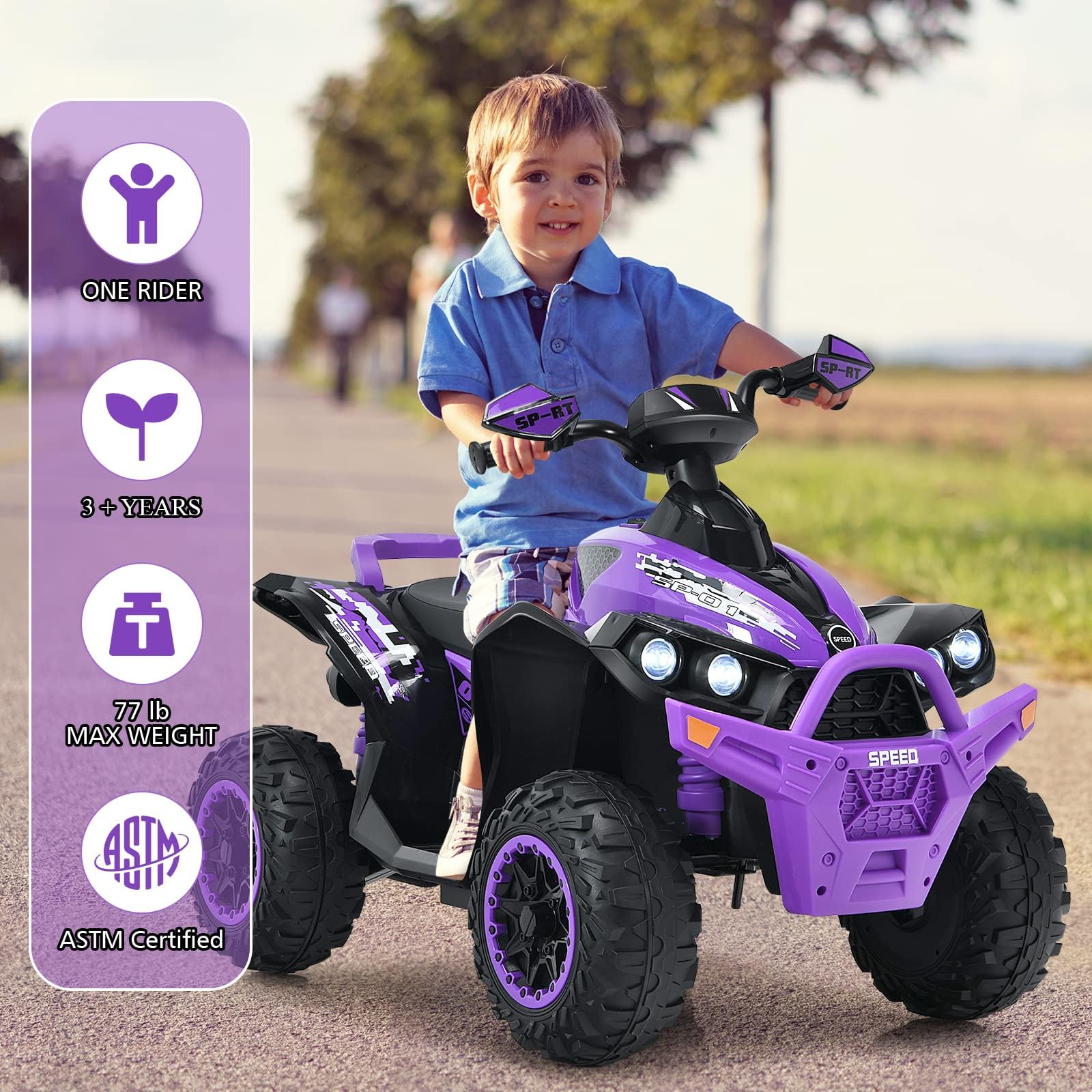 INFANS Kids Ride on ATV, 12V 4 Wheeler Quad Toy Vehicle with Music, Horn, High Low Speeds, LED Lights, Electric Ride On Toy, Battery Powered Wheels Car for Kids Over 3 Years Old (Violet)