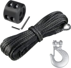 wrough 1/4" synthetic winch rope 50 ft black heavy duty 10000 lb atv winch rope line with steel hook rubber stopper protecting sleeve/sheath and thimble universal fit for atv suv vehicle winch rope