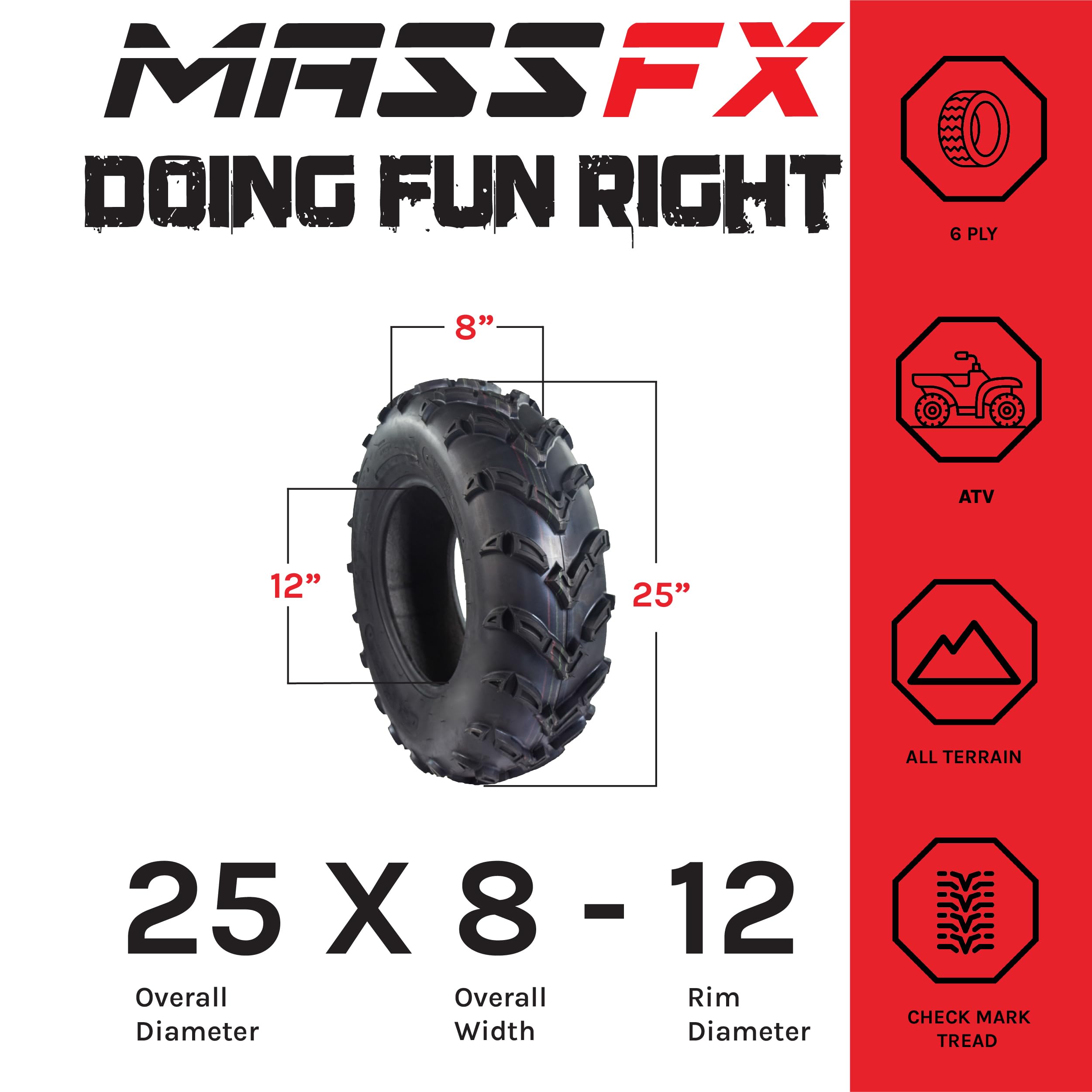 MASSFX P377 ATV/UTV Front Tires 25x8-12 - Set of 2 (25x8x12) 2 Pack