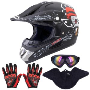 oumurs adult dirt bike helmet with goggles gloves & mask adjustable sun visor dot/fmvss-218 motorcycle adult atv helmet off-road motocross downhill moped mx for unisex-adult-new black skull, l