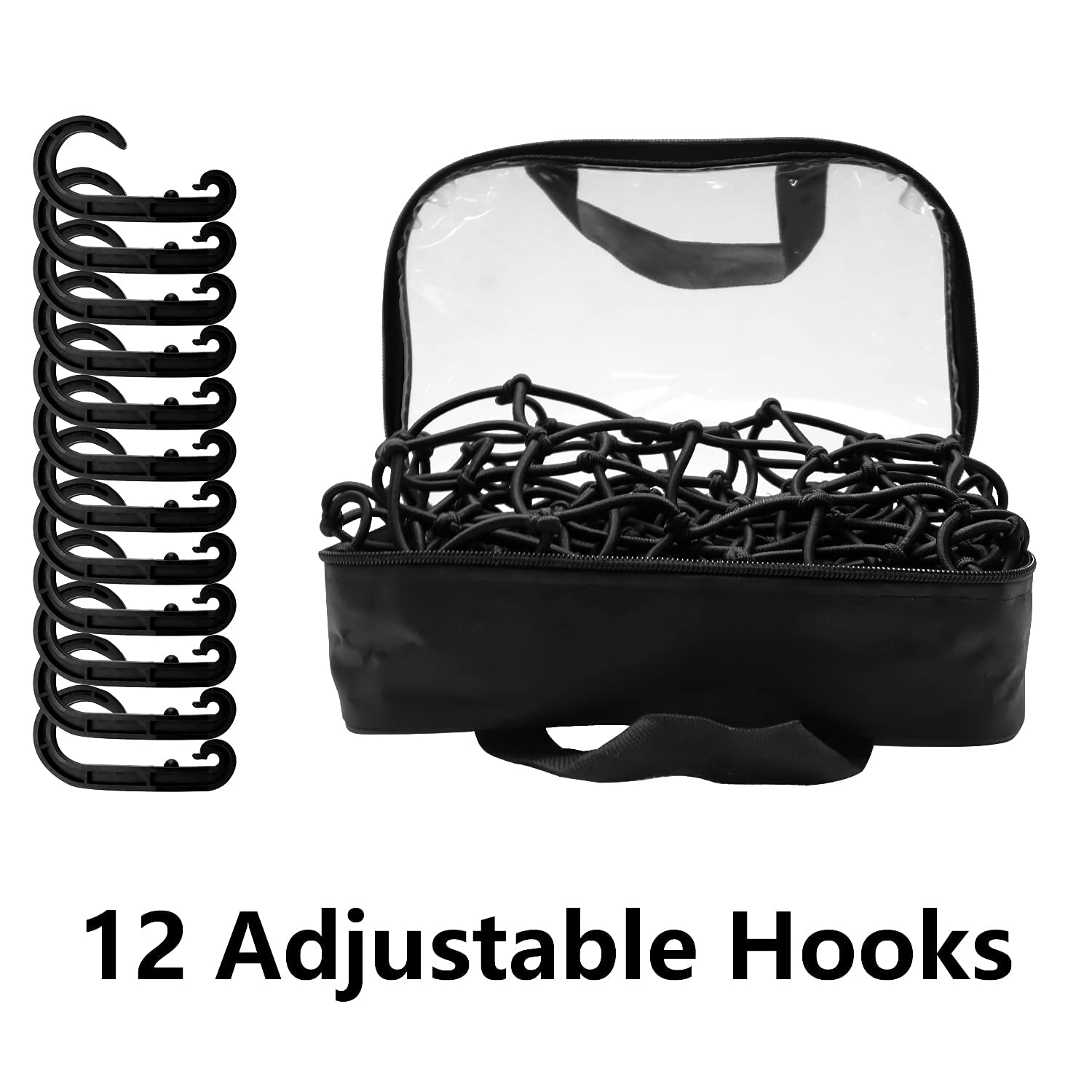 Funmit 22"x38" Cargo Net Stretches to 44"x76", Latex Bungee Cargo Net with 2"X2" Small Mesh and 12 Adjustable Plastic Hooks, for Car ATV Boat SUV Van Trailer Snowmobile (Black)