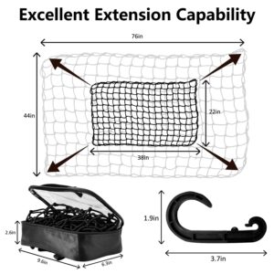 Funmit 22"x38" Cargo Net Stretches to 44"x76", Latex Bungee Cargo Net with 2"X2" Small Mesh and 12 Adjustable Plastic Hooks, for Car ATV Boat SUV Van Trailer Snowmobile (Black)