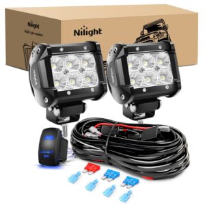 nilight led light bar 2pcs 18w flood off road lights 12v 5pin rocker switch wiring harness kit, 2 years warranty, clear,white