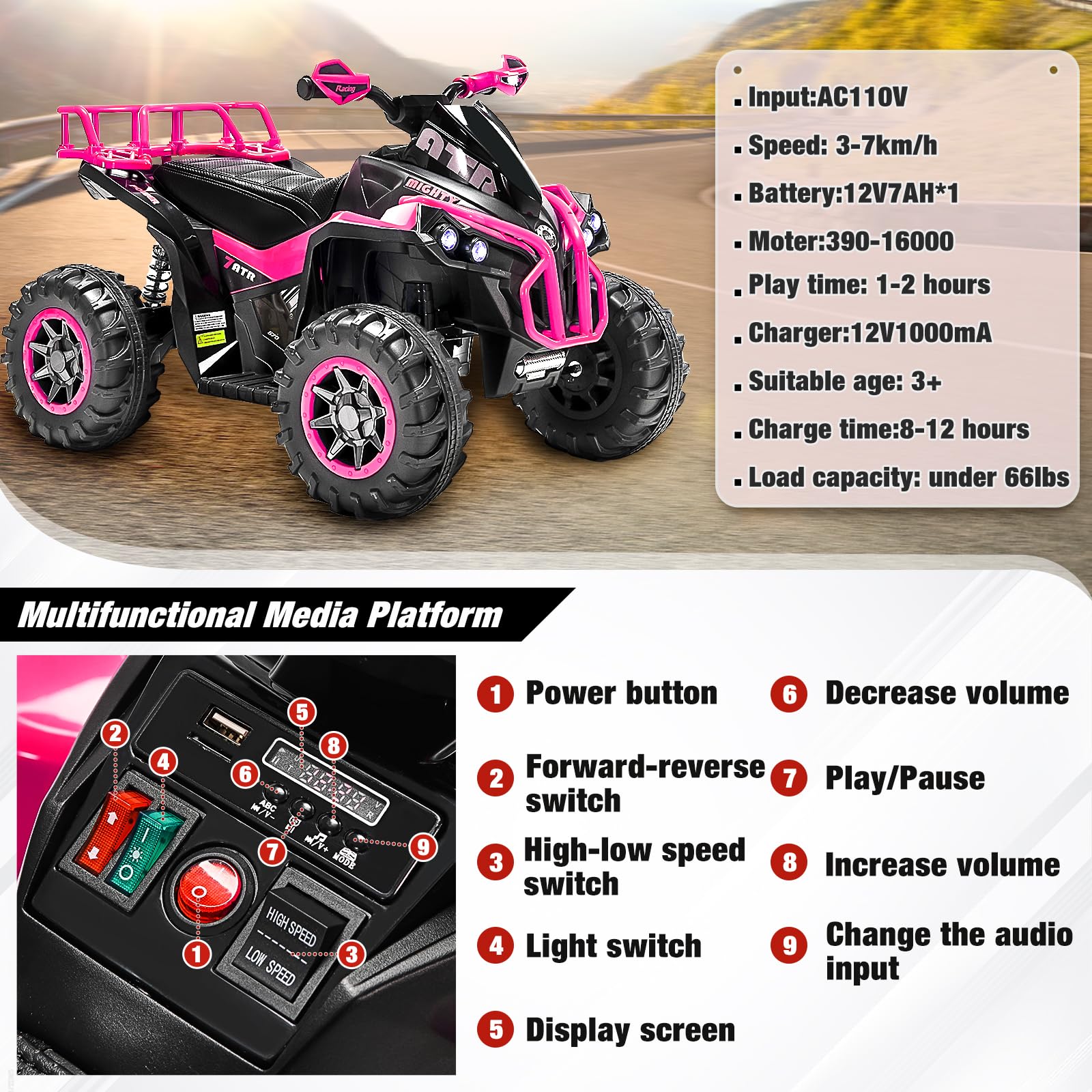 Soar Four Wheeler for Kids - Electirc Toddler 4 Wheeler for Kids 3-6, Ride on Atv 12v Battery Powered, Kids Quad with LED Lights, Music, High Low Speed, USB/TF, Treaded Tires, Black