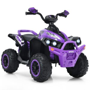 olakids ride on atv, 12v kids 4 wheeler battery powered toy car for toddlers, electric rear motorized quad vehicle for boys girls with led lights, music, horn, high low speed, soft start (purple)