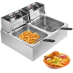 commercial deep fryer w/ 2 baskets & lids, 2x6l stainless steel large capacity fryer, countertop kitchen frying machine w/temperature control, french fries donuts for restaurant or home use