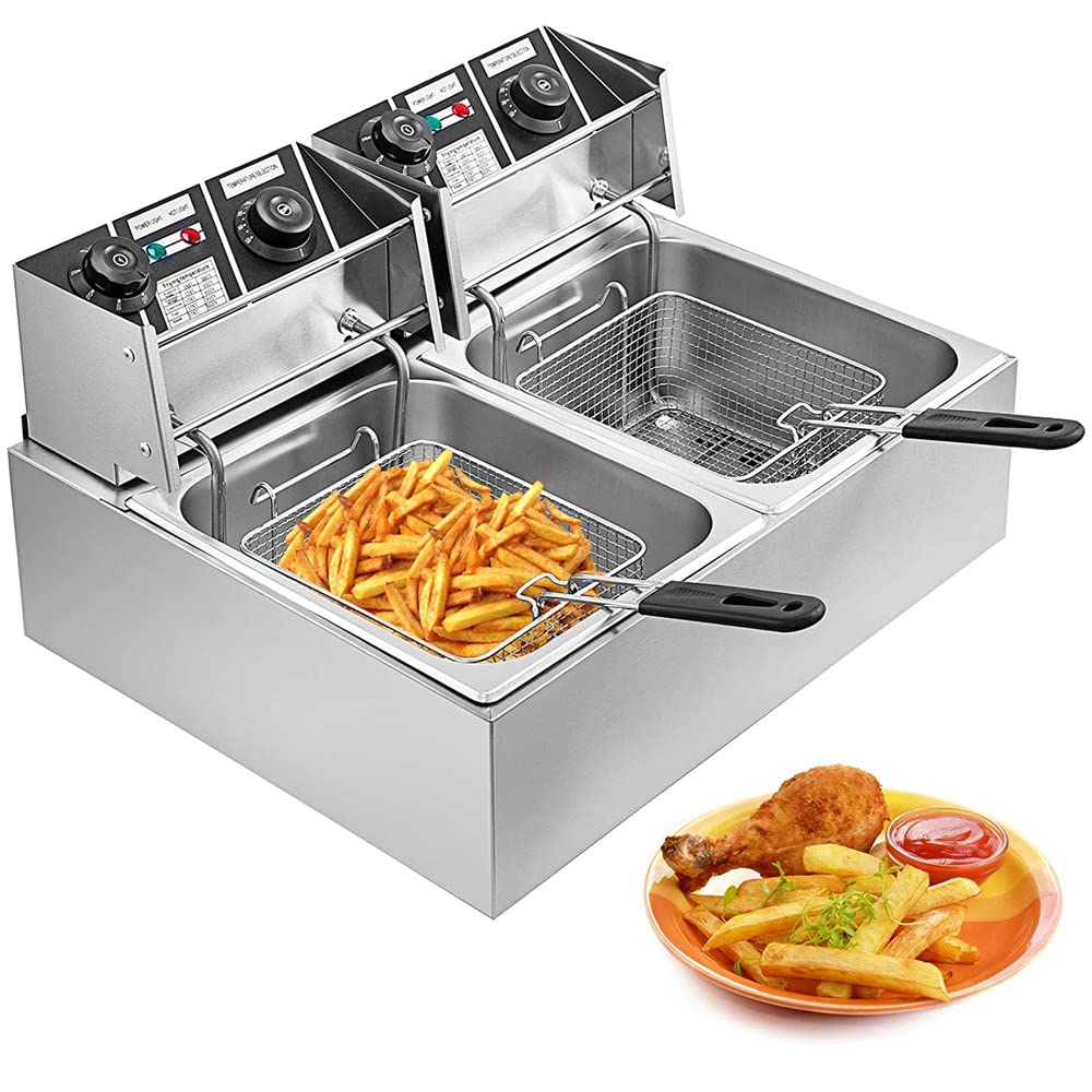 Commercial Deep Fryer w/ 2 Baskets & Lids, 2x6L Stainless Steel Large Capacity Fryer, Countertop Kitchen Frying Machine w/Temperature Control, French Fries Donuts for Restaurant or Home Use