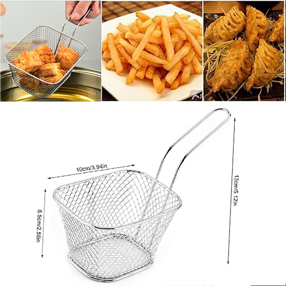 6 Pcs Mini Square Fry Basket Stainless Steel French Fries Holder Deep Fryer Baskets with Handles, Table Serving Frying Chips Baskets, French Fry Holder for Kitchen Party Barbecue, Silver