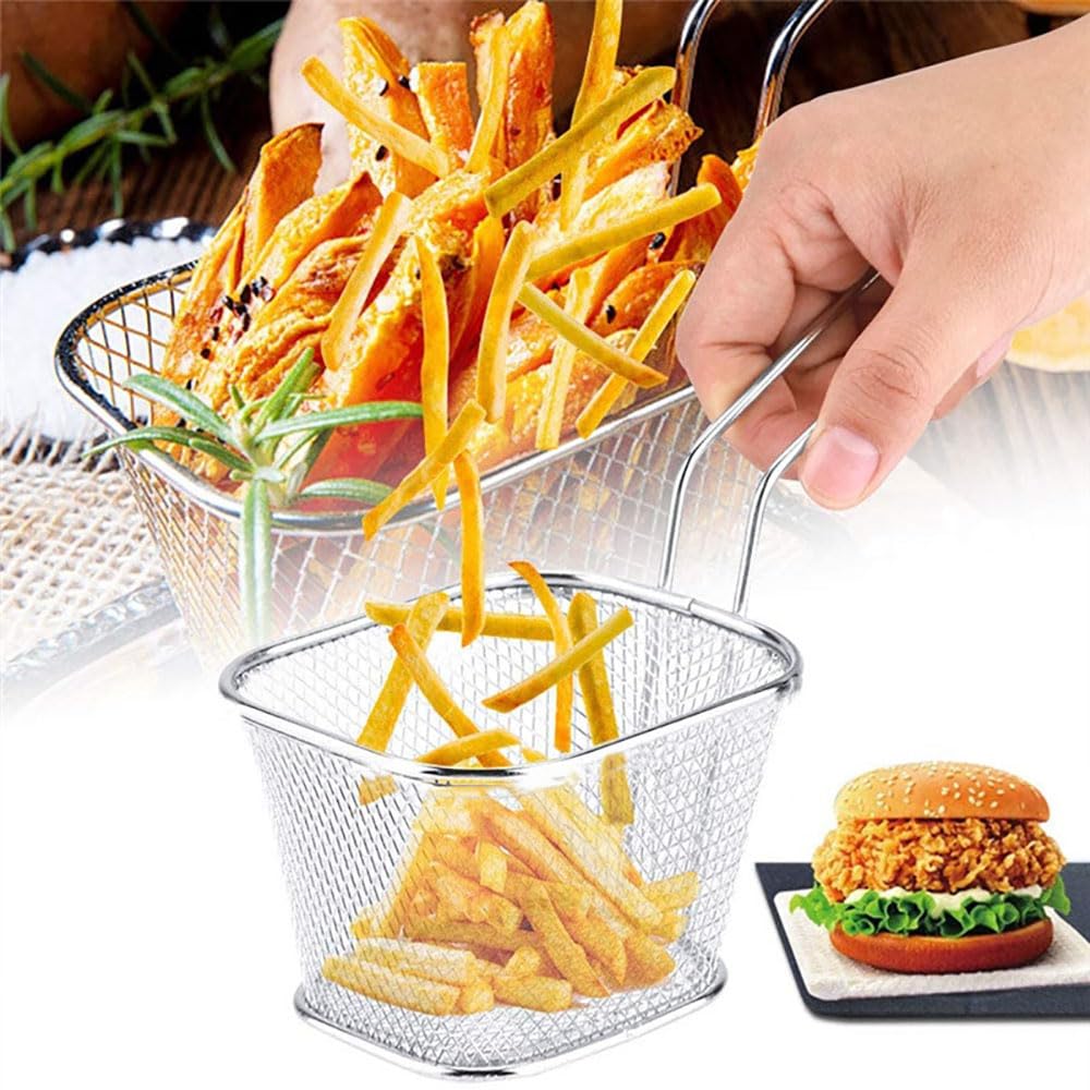 6 Pcs Mini Square Fry Basket Stainless Steel French Fries Holder Deep Fryer Baskets with Handles, Table Serving Frying Chips Baskets, French Fry Holder for Kitchen Party Barbecue, Silver