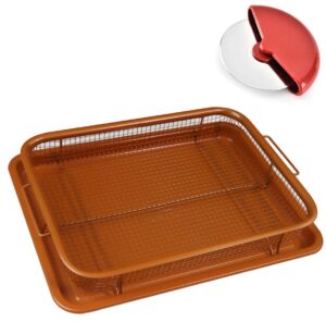 deluxe copper crisper - 2-pieces nonstick oven air fryer pan/tray & mesh basket set - air fryer in oven - ideal for french fry - frozen food, baking sheet without oil - bonus pizza cutter - whg