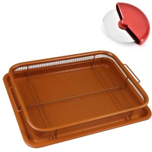 Deluxe Copper Crisper - 2-Pieces Nonstick Oven Air Fryer Pan/Tray & Mesh Basket Set - Air Fryer in Oven - Ideal for French Fry - Frozen Food, Baking Sheet without Oil - Bonus Pizza Cutter - WHG