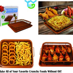 Deluxe Copper Crisper - 2-Pieces Nonstick Oven Air Fryer Pan/Tray & Mesh Basket Set - Air Fryer in Oven - Ideal for French Fry - Frozen Food, Baking Sheet without Oil - Bonus Pizza Cutter - WHG