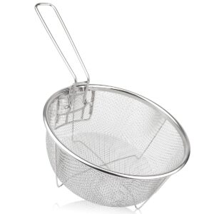 anronch stainless steel deep fry basket, multifunctional foldable drain basket round wire mesh french chip frying serving food presentation tableware with folding handles