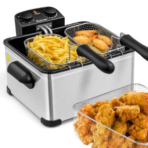 costway deep fryer with basket, 5.3qt stainless steel electric oil fryer w/adjustable temperature, timer, lid with view window, professional style, deep fryer pot for home use, french fries, chicken