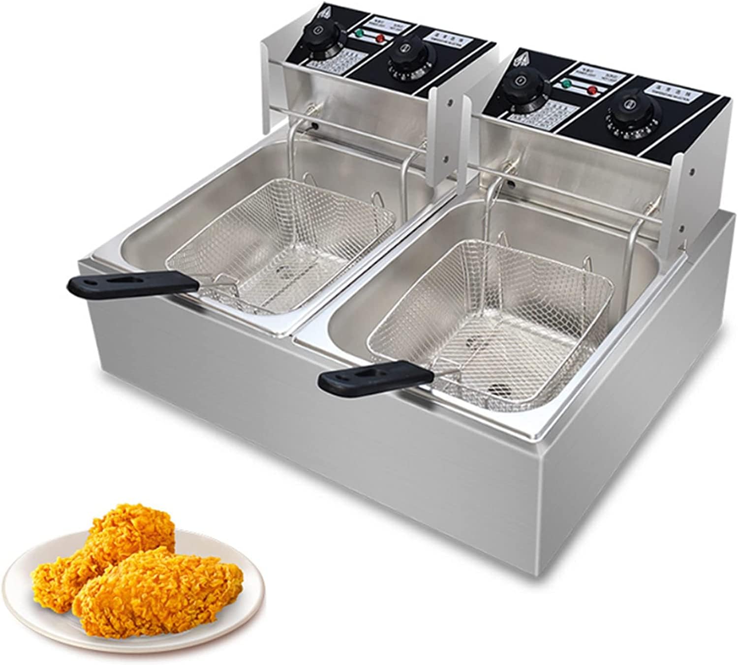 Dual Tank Electric Countertop Deep Fryer With Easy-Assembling Solid Basket, Removable Oil Container, 5000W Stainless Steel Commercial Deep Fryer For Turkey French Fries Kitchen Restaurant