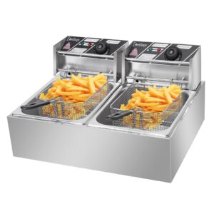 dual tank electric deep fryer stainless steel construction accurate thermostats ideal for french fries, fried chicken, and more 110v voltage 4 feet stability safe operation 12l capacity 5000w power