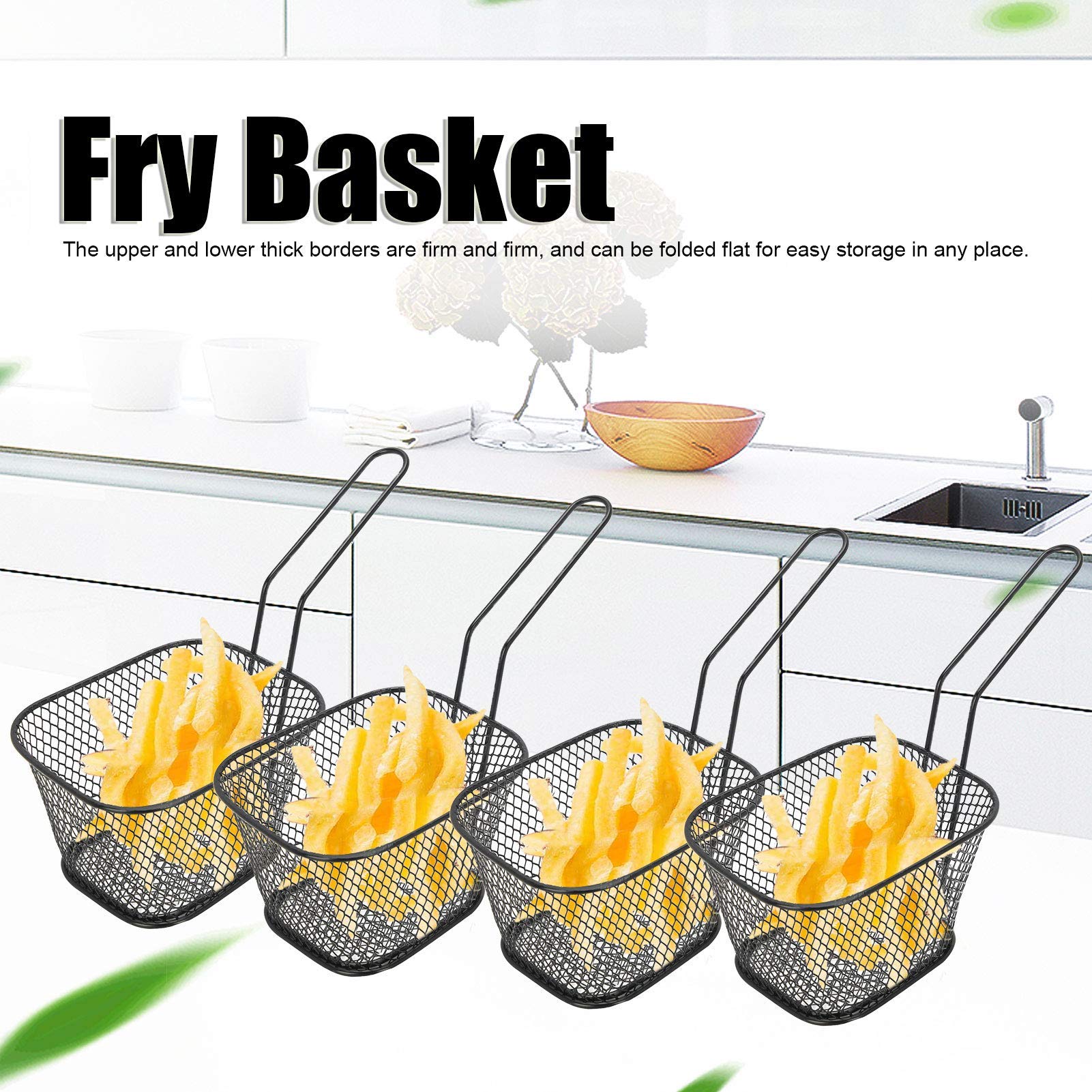 4Pcs Square Fry Basket, Stainless Steel French Fries Holder Fried Food Table Serving Net Strainer Kitchen Cooking Tools(Black)