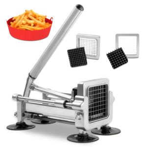 french fry cutter for potatoes, aluminum stainless steel potato cutter with 1/4-inch & 3/8-inch blades, includes 7.5-inch air fryer silicone liner, potato cutter for fries, potato, onion, vegetables