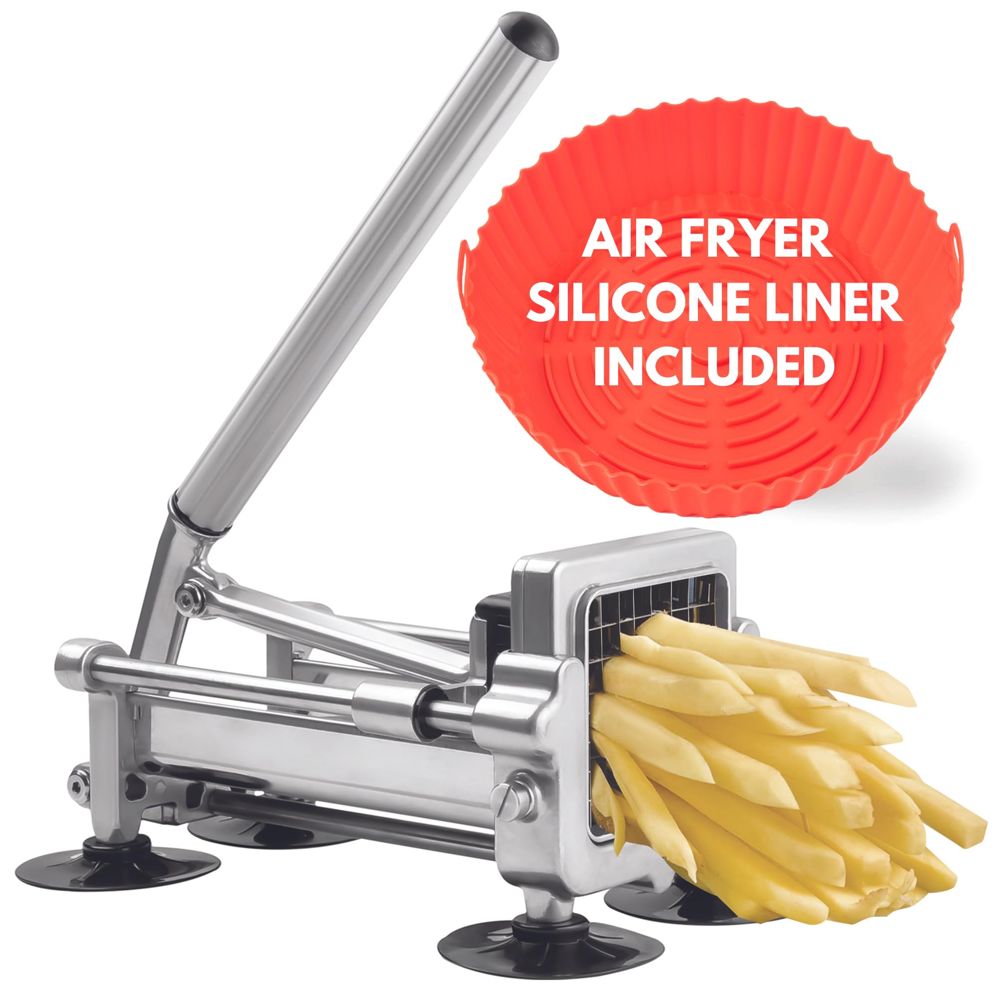 French Fry Cutter For Potatoes, Aluminum Stainless Steel Potato Cutter with 1/4-Inch & 3/8-Inch Blades, Includes 7.5-inch Air Fryer Silicone Liner, Potato Cutter for Fries, Potato, Onion, Vegetables