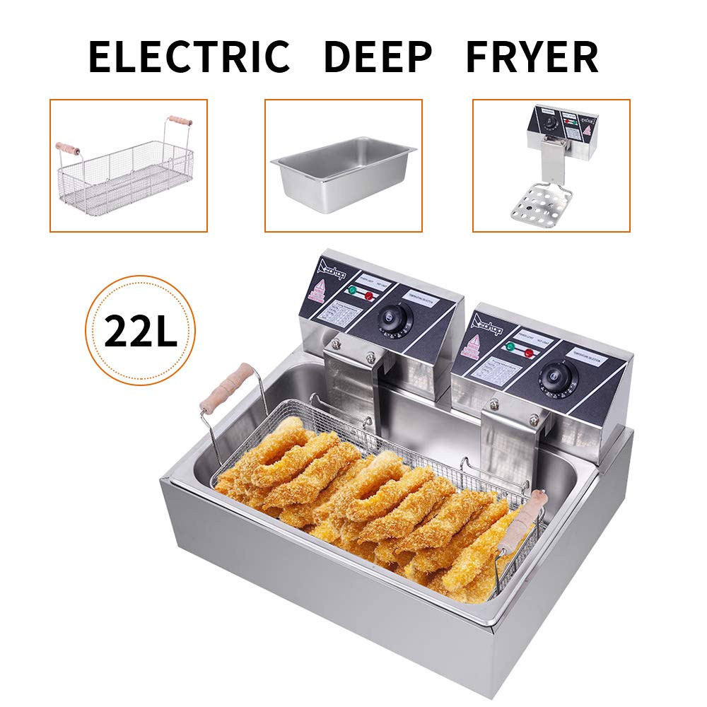 23.26QT 5000W Large Electric Deep Fryer with Baskets & Lids,Stainless Steel Commercial Fryer,Adjustable Temperature,Easy Clean,Countertop Kitchen Frying Machine,French Fries Donuts