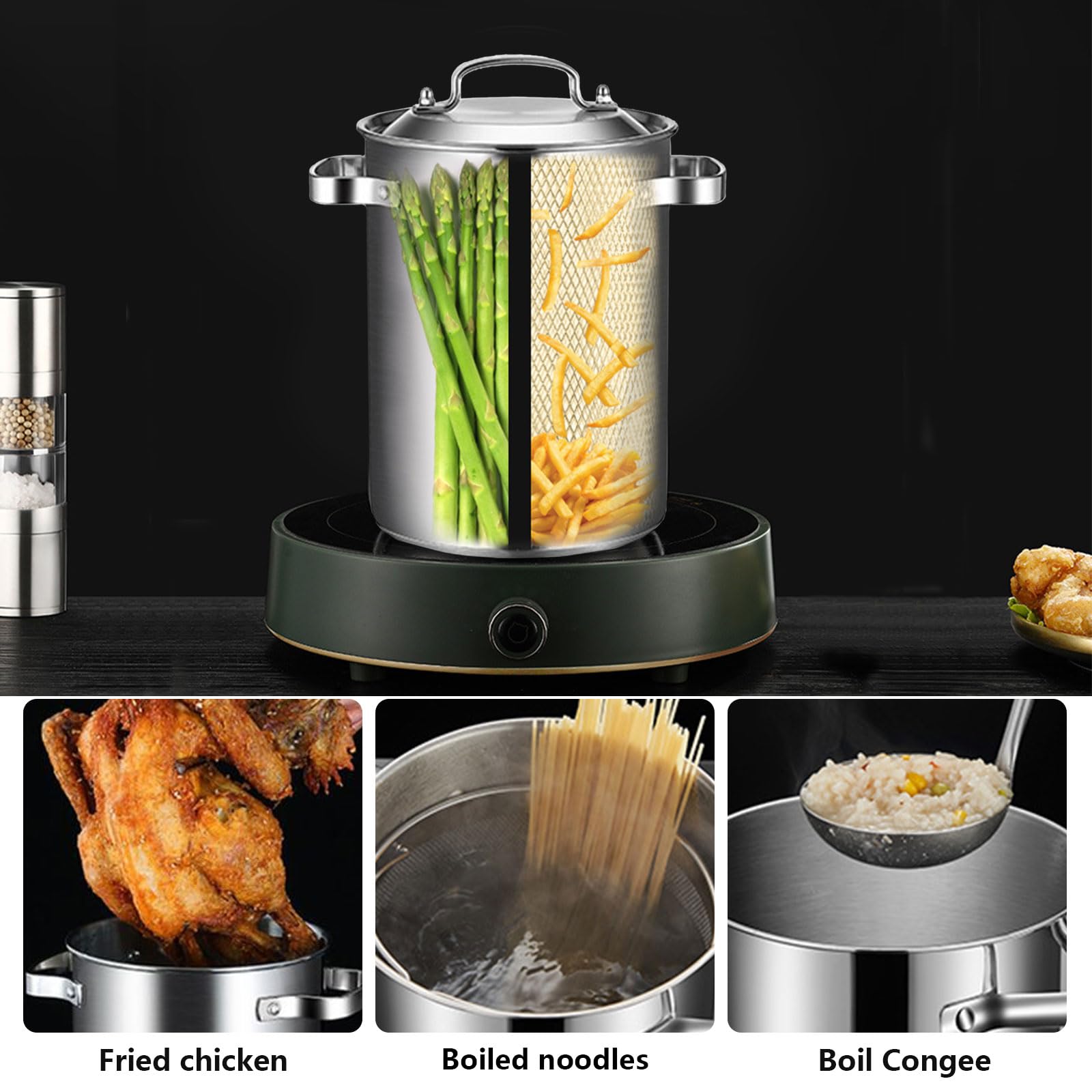 AIZYR Deep Frying Pot with Lid Stainless Steel High Soup Pot/Deep Fryer, Cooking Tools for Frying Chicken Spaghetti stewing Soup and French Fries