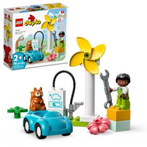 lego duplo town wind turbine and electric car 10985 early development building toy, includes charging station for pretend play, great gift for toddler boys and girls ages 2 years old and up