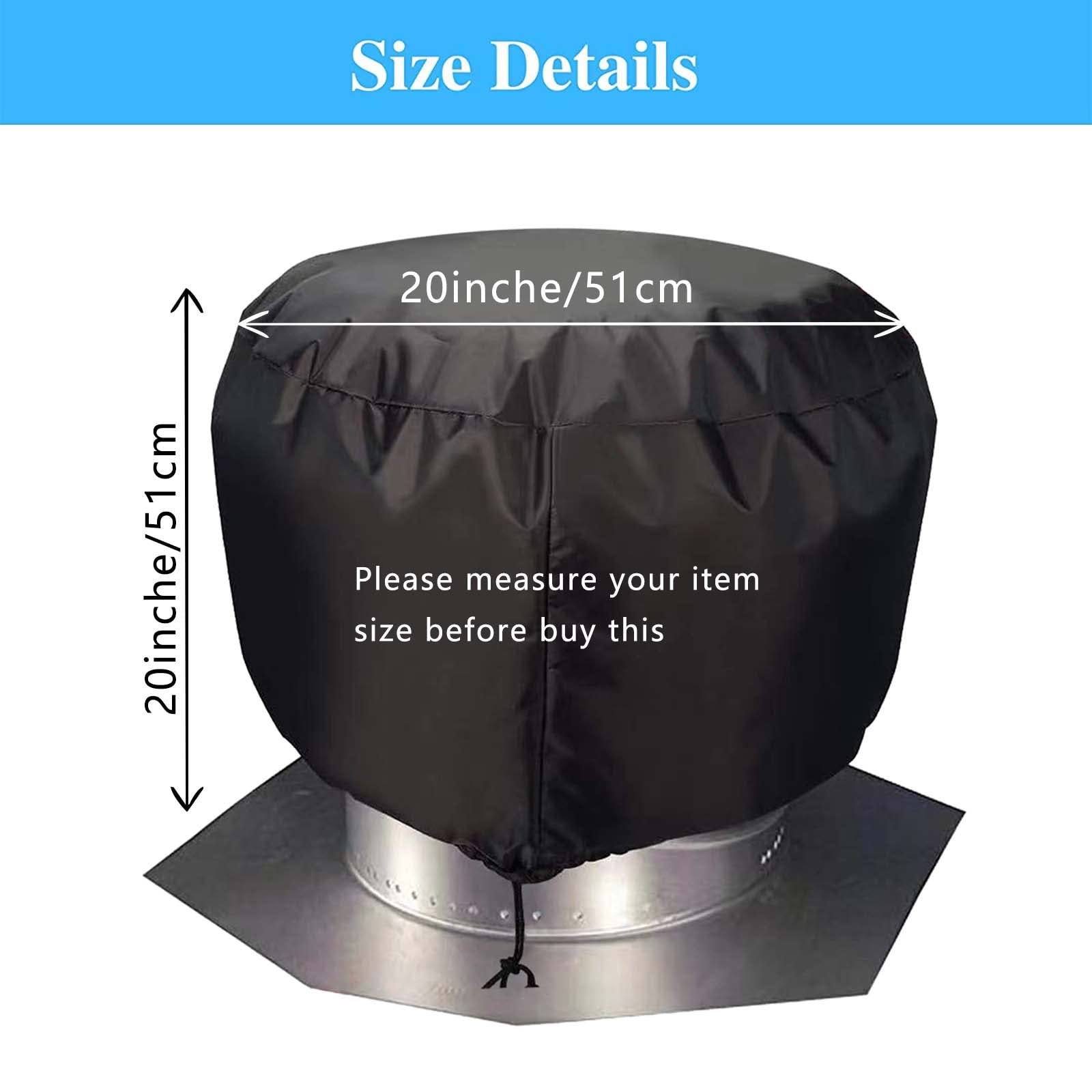 Turbine Roof Vent Cover House, Black Roof Turbine Hoods Shield Canvas, Adjustable Drawstring Turbine Ventilator Cover (20"x20"inches)