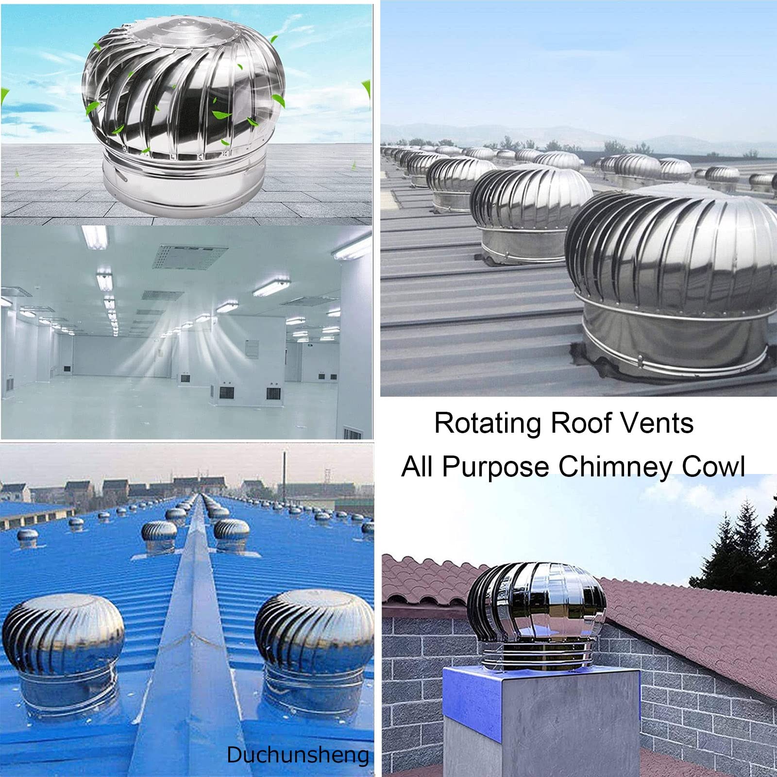 DUYULIANG Rotating Roof Vents Roof Wind Turbines Cap Vent Round, 4 in 8 in 10 in Stainless Steel Exhaust Cap Roof Flue Vent, No Electricity Loss, for Kitchen, Canteen Ventilation, Chimney Flue Cowl