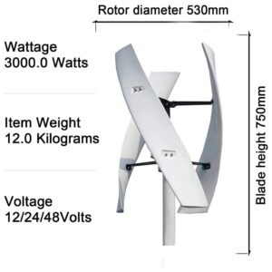 3000W/8000W Wind Turbine Generator 12V/24V/48V Vertical Axis Wind Turbine, Vertical Wind Generator with 3 Blade and Controller, Glass Fiber Blades Wide Application for Cabin,3000W-24V