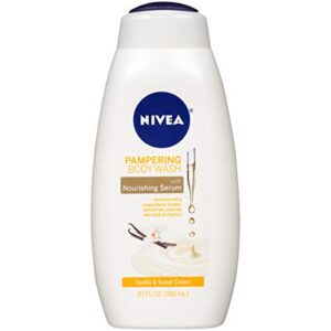 nivea vanilla and sweet cream pampering body wash with nourishing serum, 20 fl oz bottle