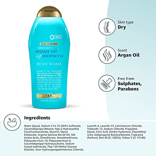 OGX Radiant Glow + Argan Oil of Morocco Extra Hydrating Body Wash for Dry Skin, Moisturizing Gel Body Cleanser for Silky Soft Skin, Paraben-Free, Sulfate-Free Surfactants, 19.5 fl oz