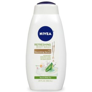 nivea basil and white tea body wash with nourishing serum, 20 fl oz bottle