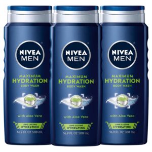 nivea men maximum hydration body wash, aloe vera body wash for dry skin, 16.9 fl oz (pack of 3)